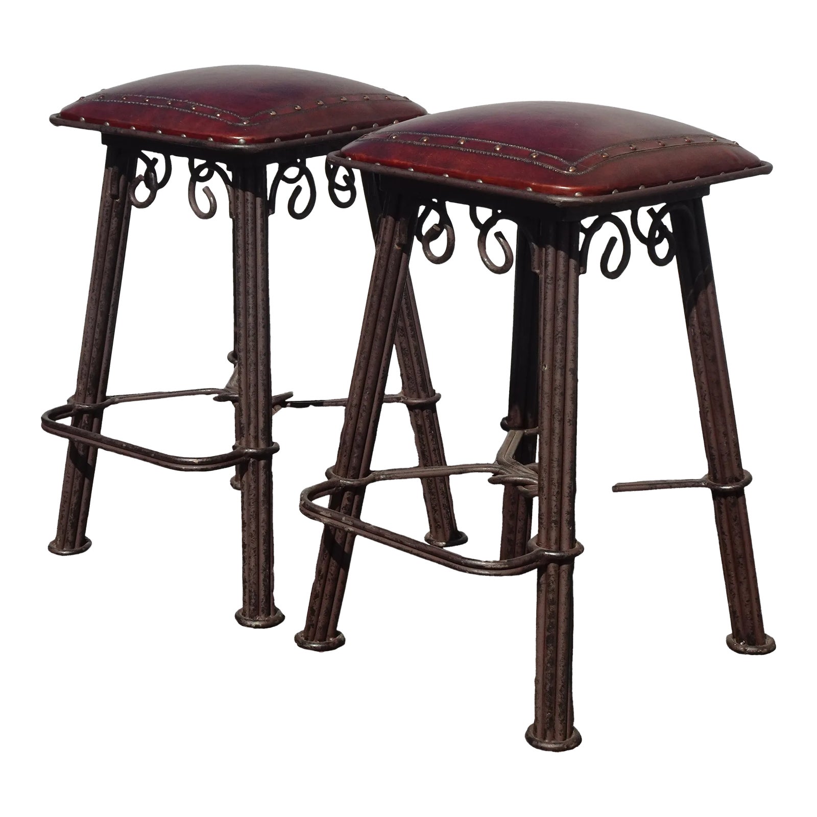 Pair Vintage Ornate Wrought Iron Bar Stools Leather Seats ~ Spanish ...