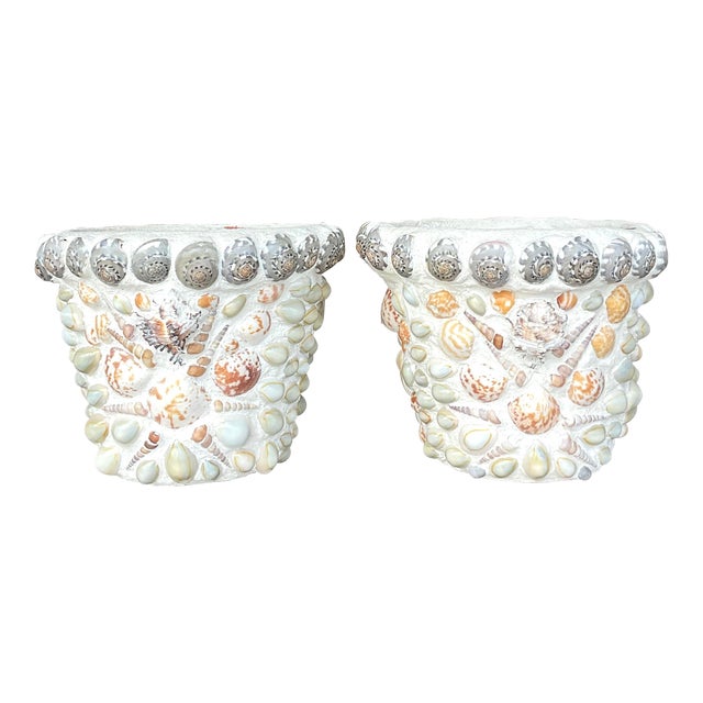 Vintage Coastal Shell Encrusted Terra Cotta Flower Pots - a Pair | Chairish