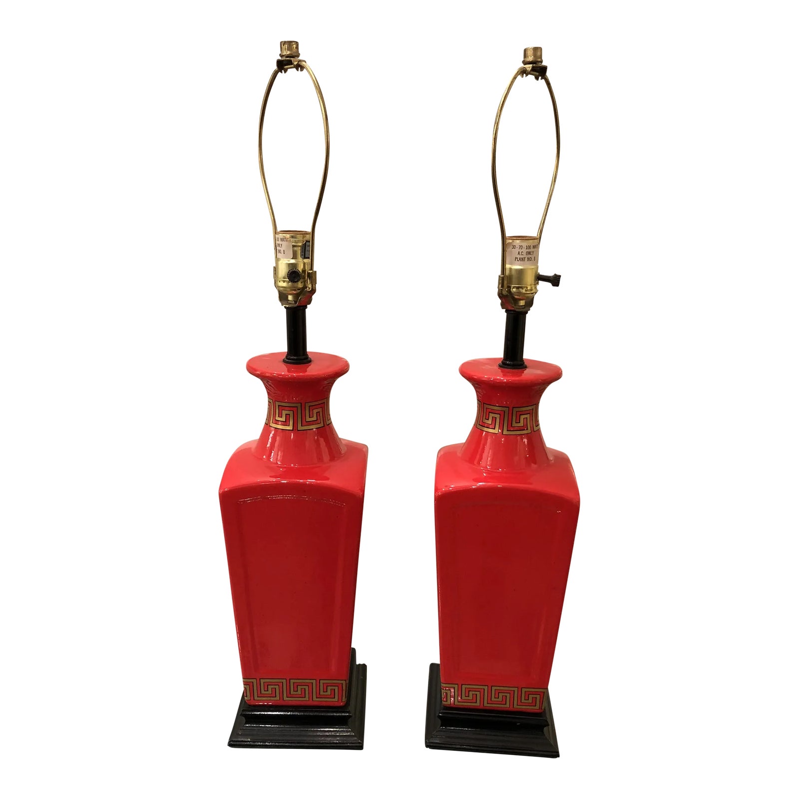 Hollywood Regency Pair Red Gold & Black Table Lamps With Greek Key -A ...