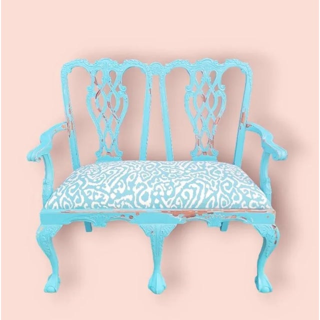Vintage Custom Pale Blue Distressed Queen Anne Ball Claw Fretwork Wood Zebra Settee Bench Chairish