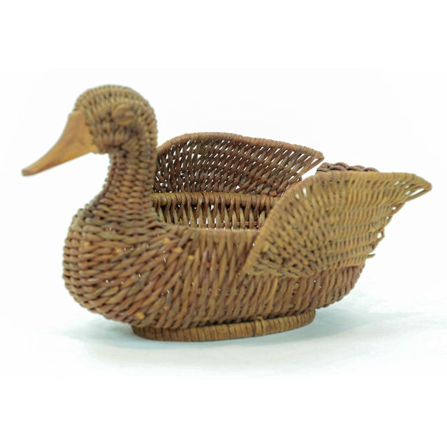Vintage Wicker Rattan Woven Duck Motif Basket | Chairish