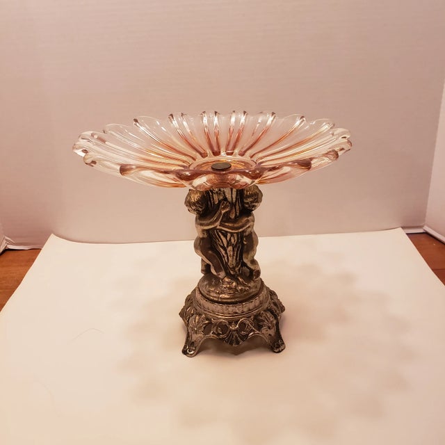 Antique Art Deco Cherub Metal & Pink Glass Compote | Chairish