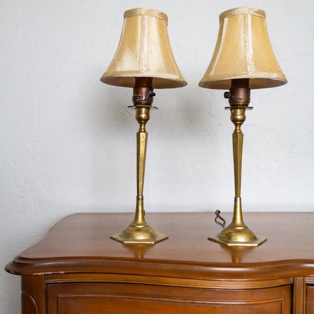 Early 20th Century Small Etched Brass Candlestick Lamps |Set of Two ...