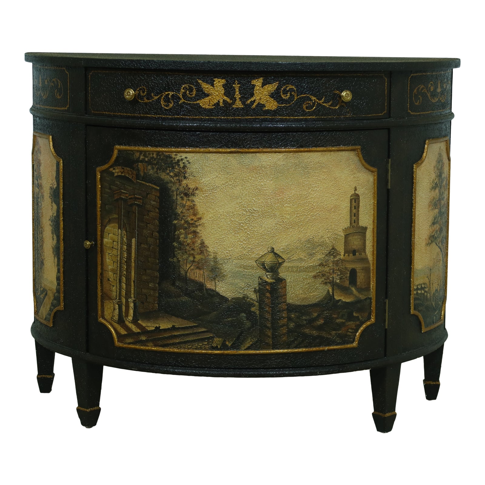 Maitland Smith Paint Decorated 1/2 Round Commode | Chairish
