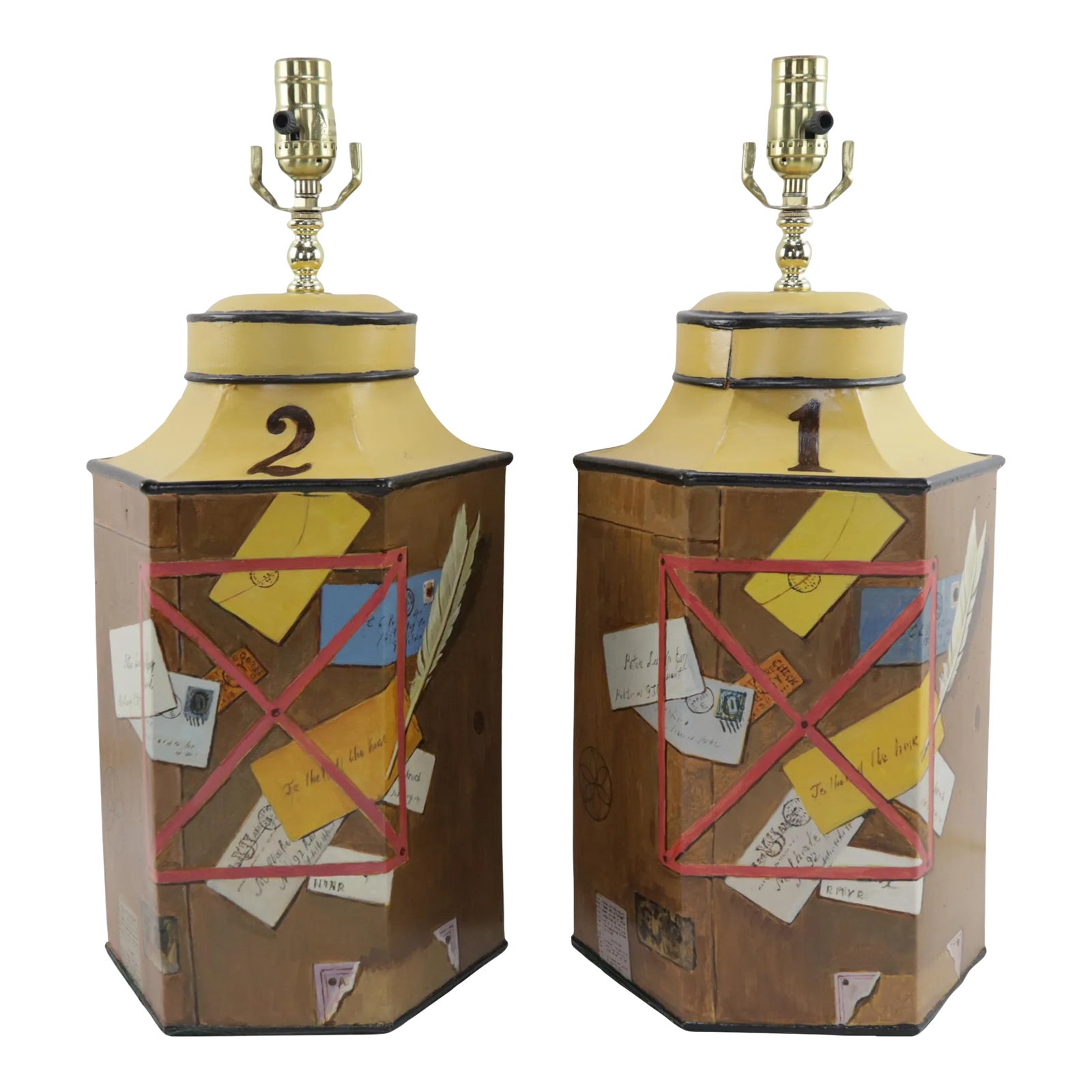 A Pair of Vintage English Trompe l'Oeil Style Decorative Yellow Tea Can ...