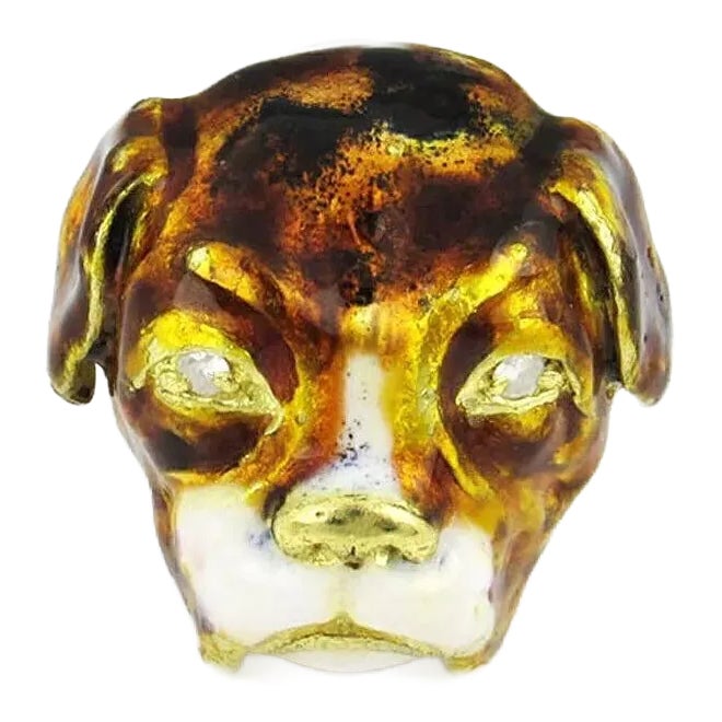Enamel Diamond 18k Yellow Gold 3d Dog Head Ring - Size 6 | Chairish