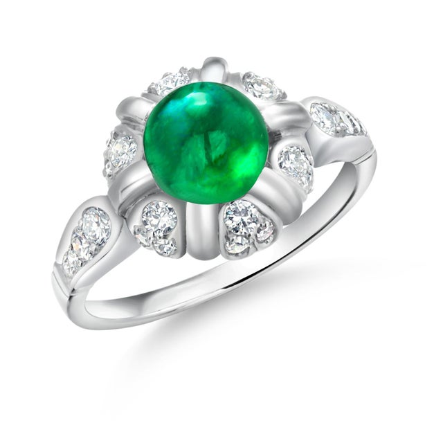 Vintage Mid Century Platinum Cabochon Emerald 1.90 Carat Diamond 0.40 Ring Size 7.75 Chairish