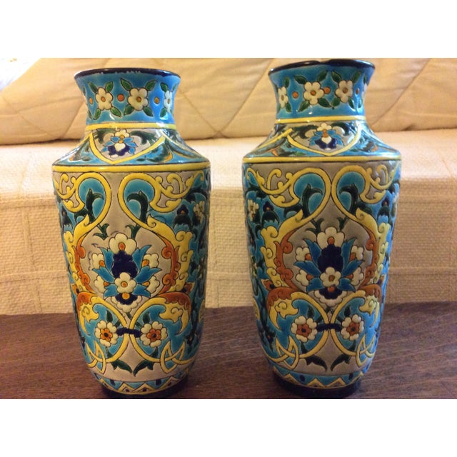 19th Century French Enameled Longwy Vases - a Pair | Chairish