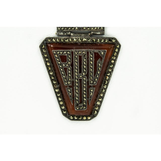 French Art Deco Marcasite Lapel Pin Initial Brooch with Carnelian Glass ...