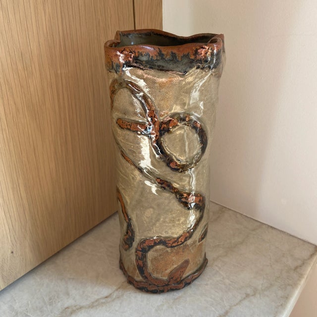 Vintage Studio Slab Pottery Slip Glaze Vase | Chairish