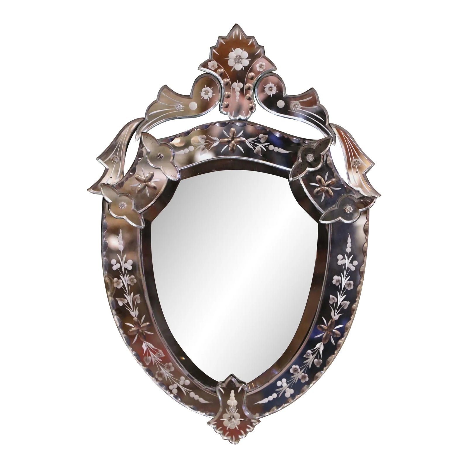 Midcentury Italian Venetian Beveled Shield Mirror With Painted Floral ...