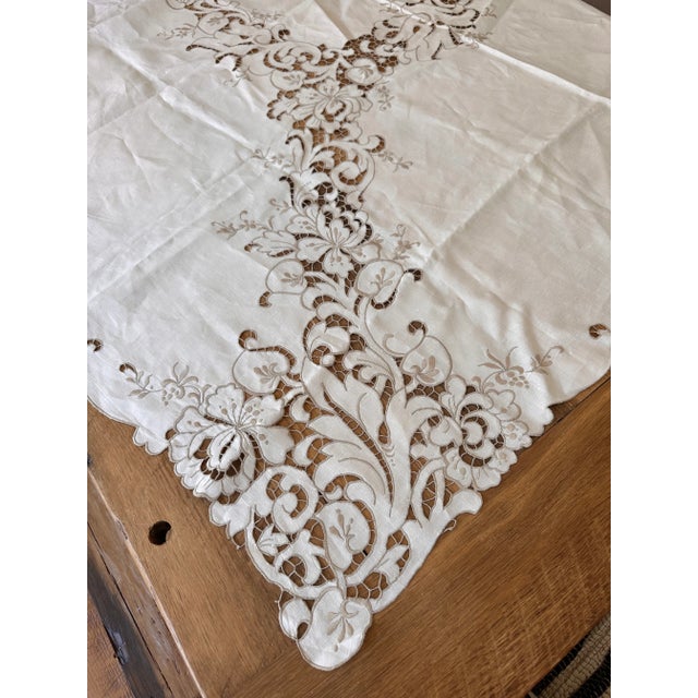 Vintage Madeira Style Linen Tablecloth Gray Embroidered Cutwork on ...