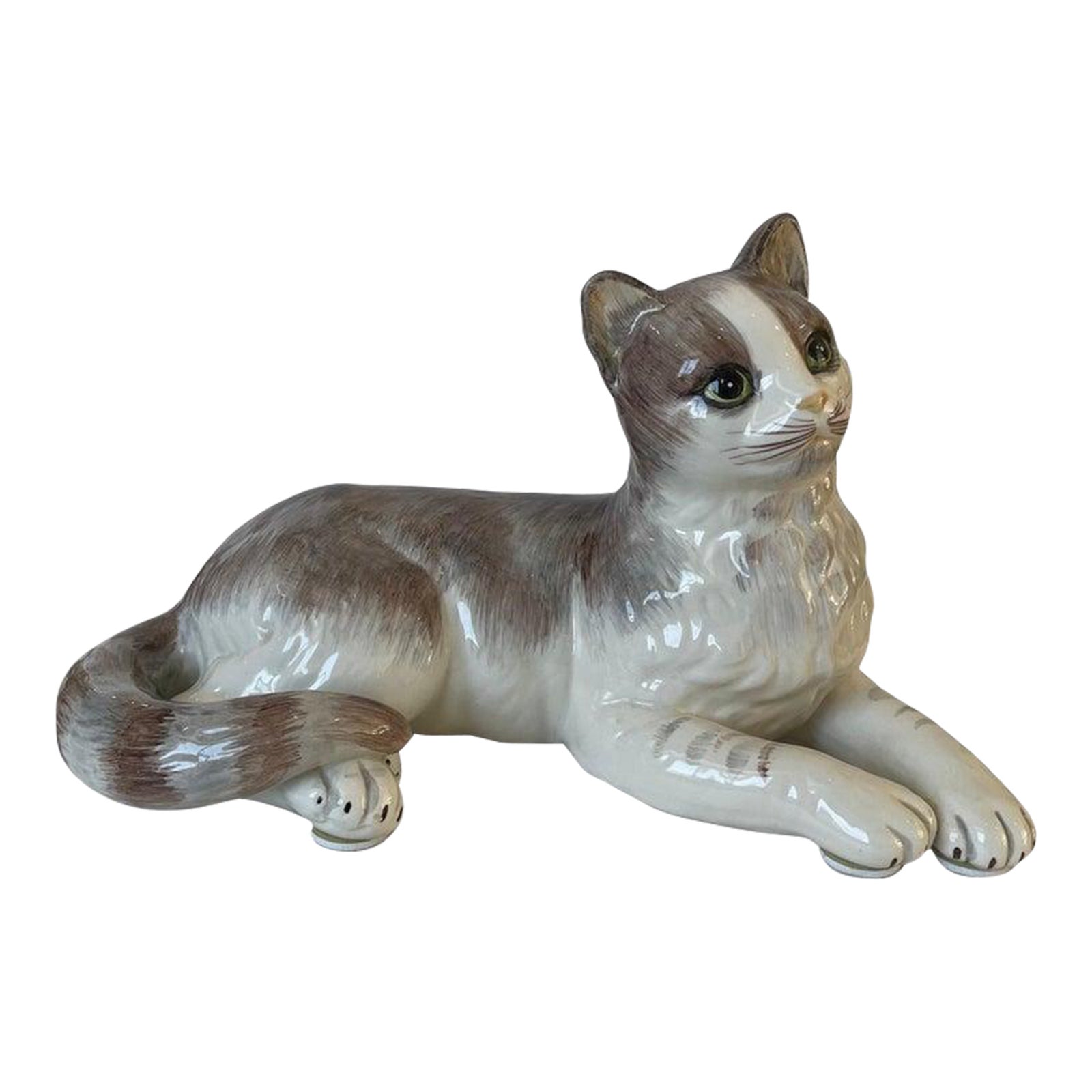 Artisan Ceramic Figure of a Reclining Cat | Chairish
