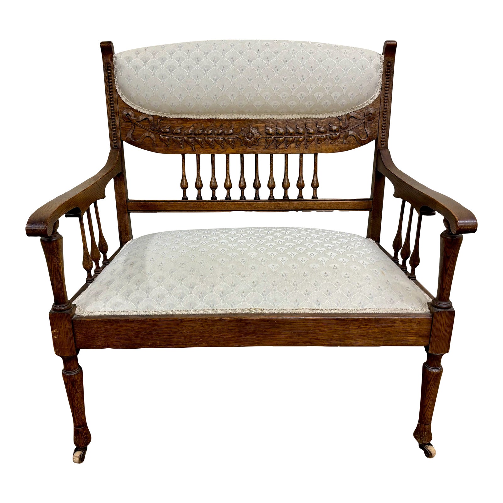 Antique Carved Spindle Back Carved Upholstered Settee | Chairish