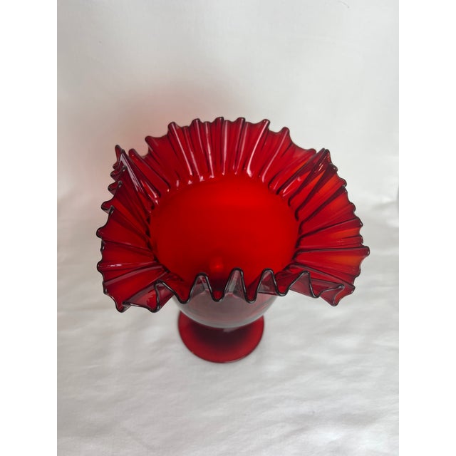 Vintage Blenko Ruby Red Crimped Edge Pedestal Vase | Chairish