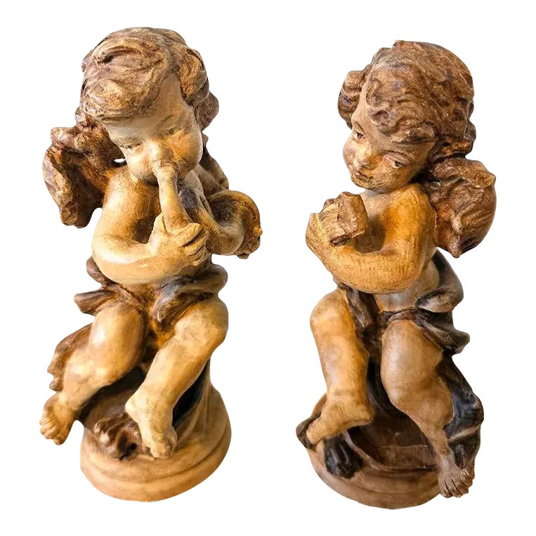 Antique Pair of Hand-Carved Wooden Putti With Instruments | Chairish