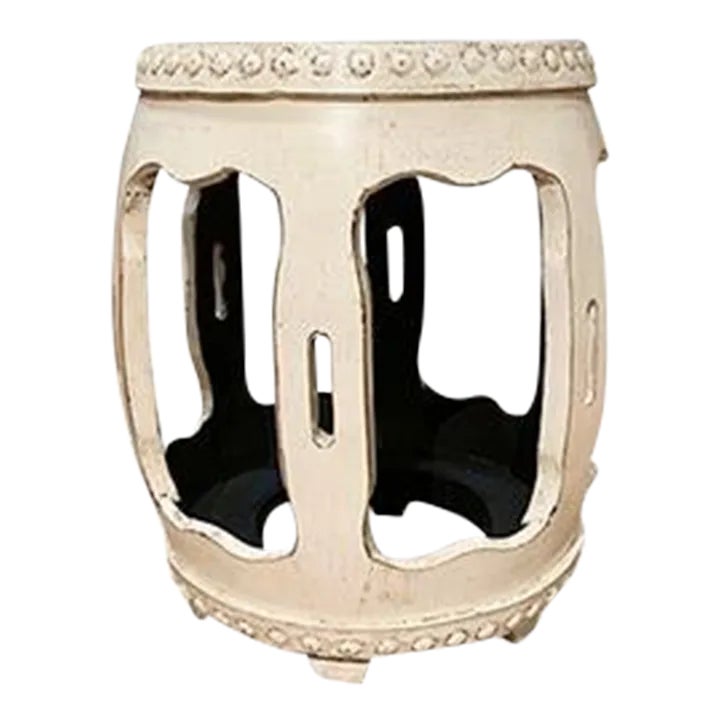 Asian Distressed White Drum Stool | Chairish