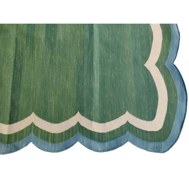 Handmade Cotton Scalloped Rug Forest Green With Cream And Blue Full Border 9x12 Chairish