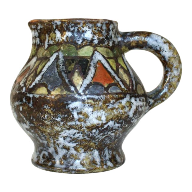 Enamel Glazed Polychrome Stoneware Pitcher | Chairish