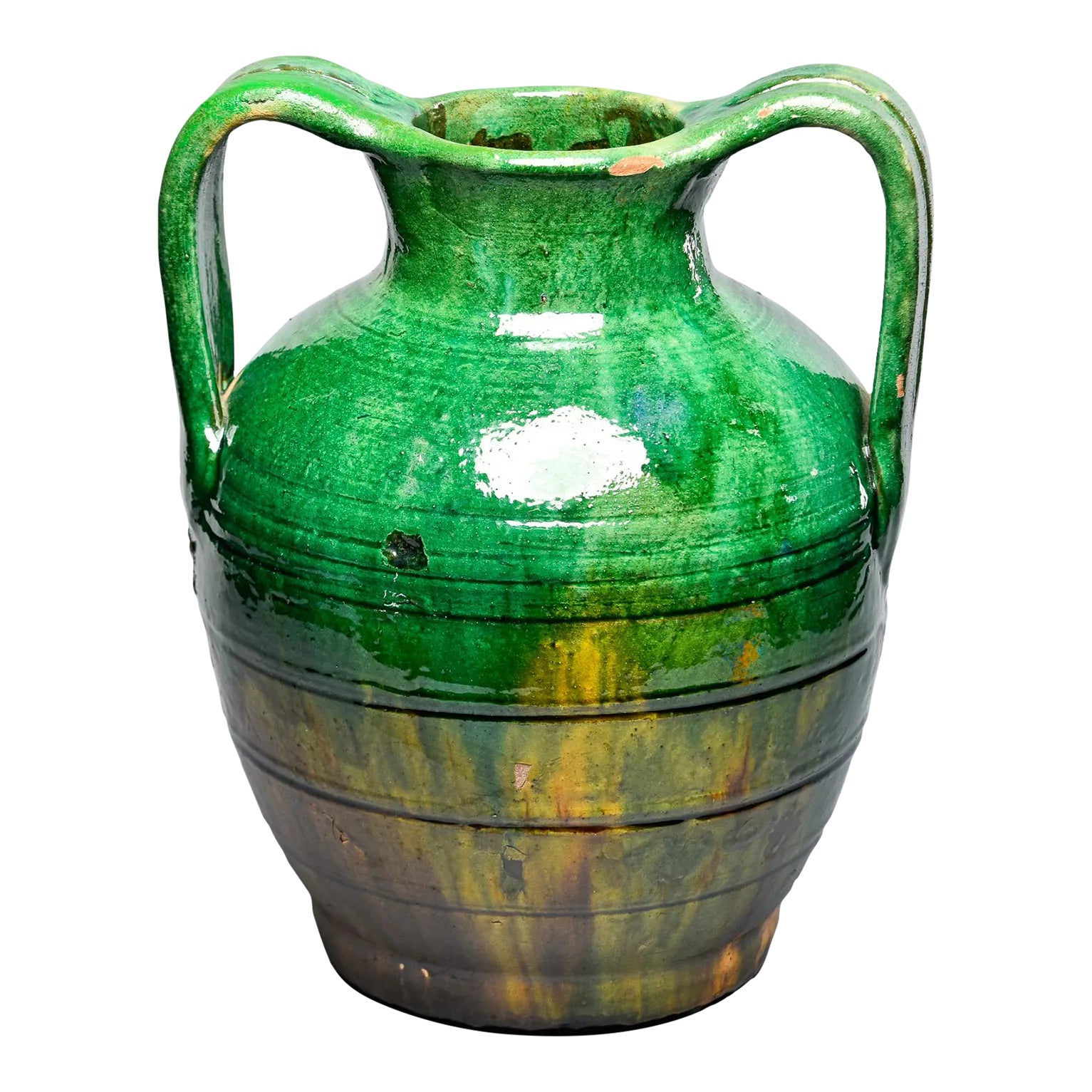 Early 20th Century French Green Two Handle Pot With Mustard Base | Chairish