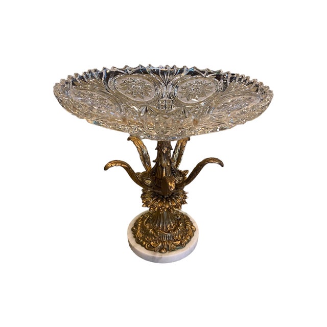 Mid-Century Bronze Compote Bowl With Crystals and Marble Base | Chairish