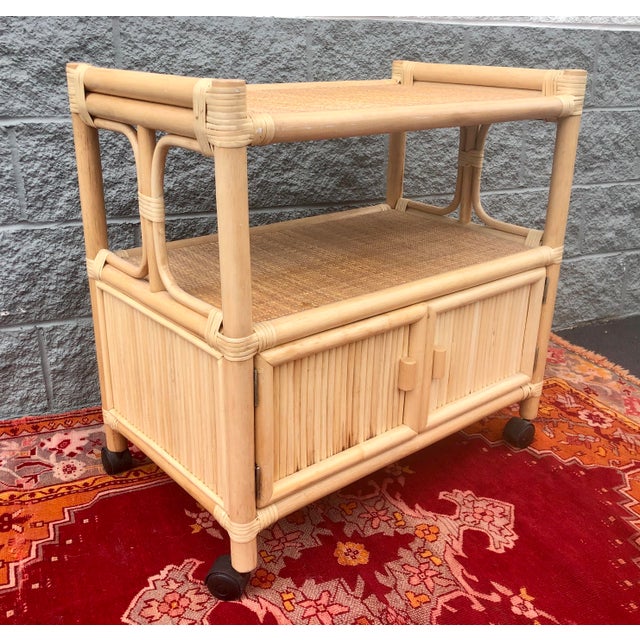 Mid-Century Natural Bamboo Rattan and Woven Cane Rolling Bar Cart ...