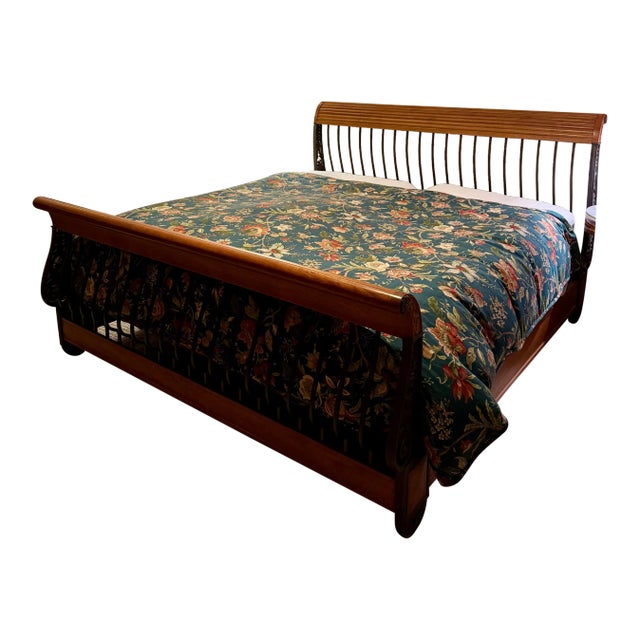 2010s Henredon King Sleigh Bed With Carved Oak and Wrought Iron Metal ...