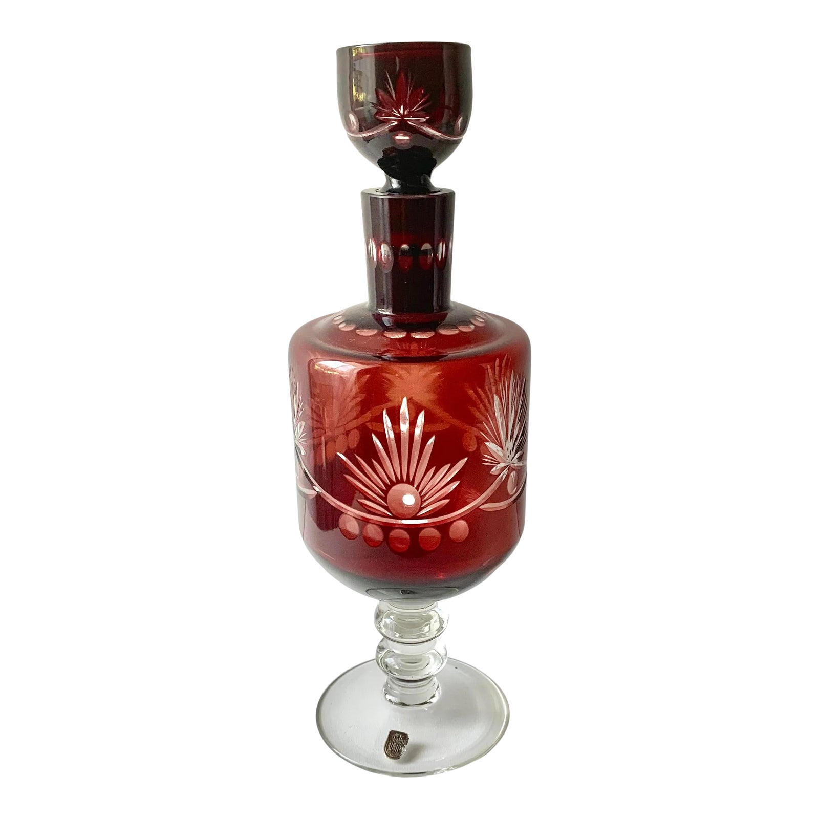Large Vintage Ruby Red Hand Cut Glass Footed Wine Decanter | Chairish
