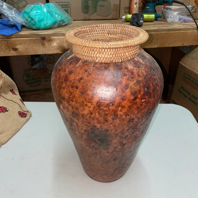 African Ceramic Vase With Woven Lip | Chairish