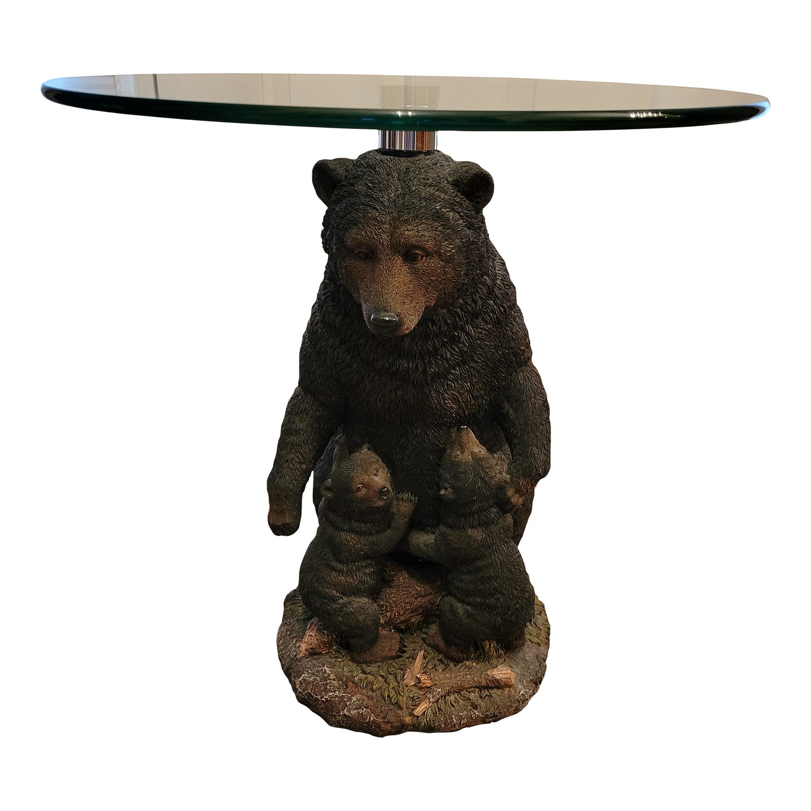 Mama Bear and Cubs End Table With Glass Top | Chairish