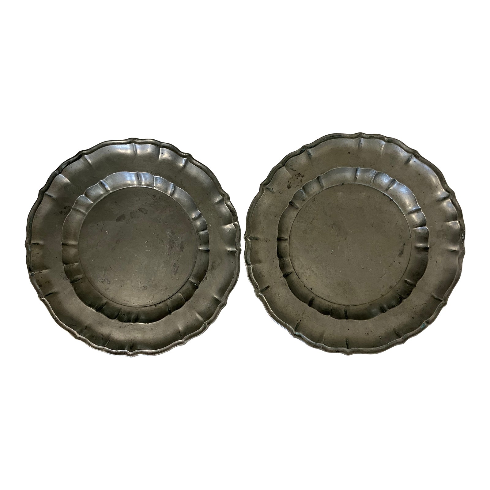 Pair of Antique Pewter Plates – Scalloped Rim Design, Colonial Revival ...