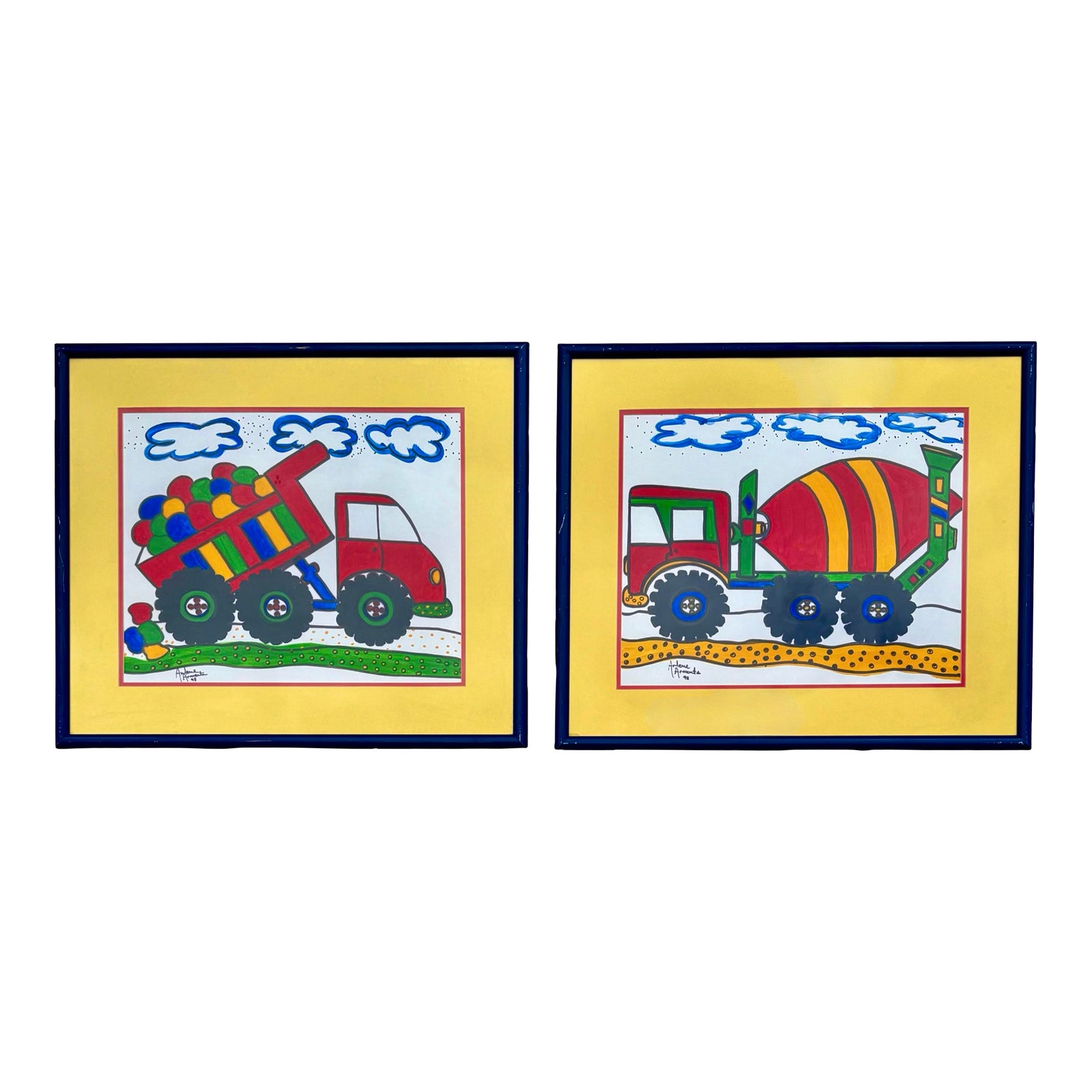 Vintage 1998 Vibrant Naive Folk Art Truck Paintings by Arlene Armenta ...