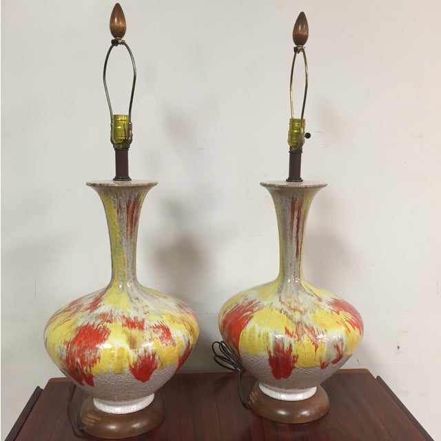 Mid-Century Yellow & Red Table Lamps - A Pair | Chairish