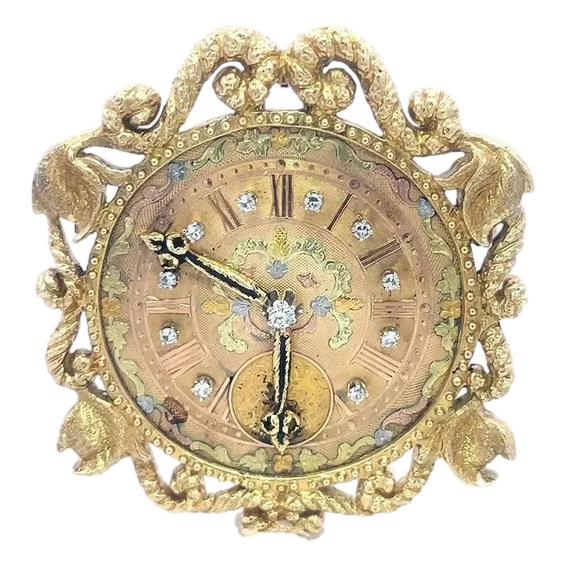 Retro Diamond Gold Clock Pendant/Pin 18k 13k Scroll Frame Large | Chairish