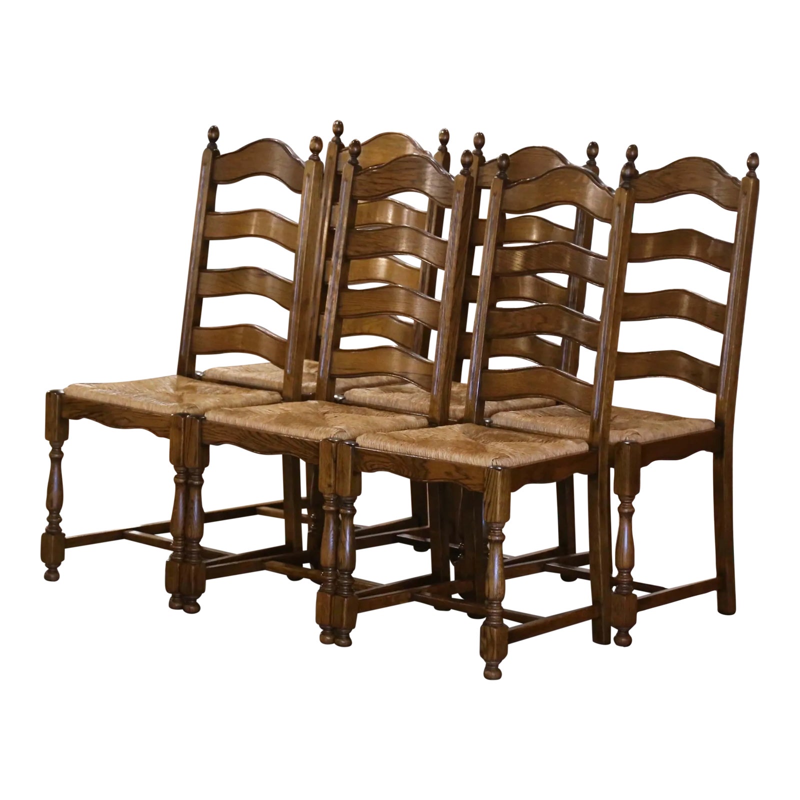 Late 20th Century Country French Carved Oak Ladder Back Chairs With ...