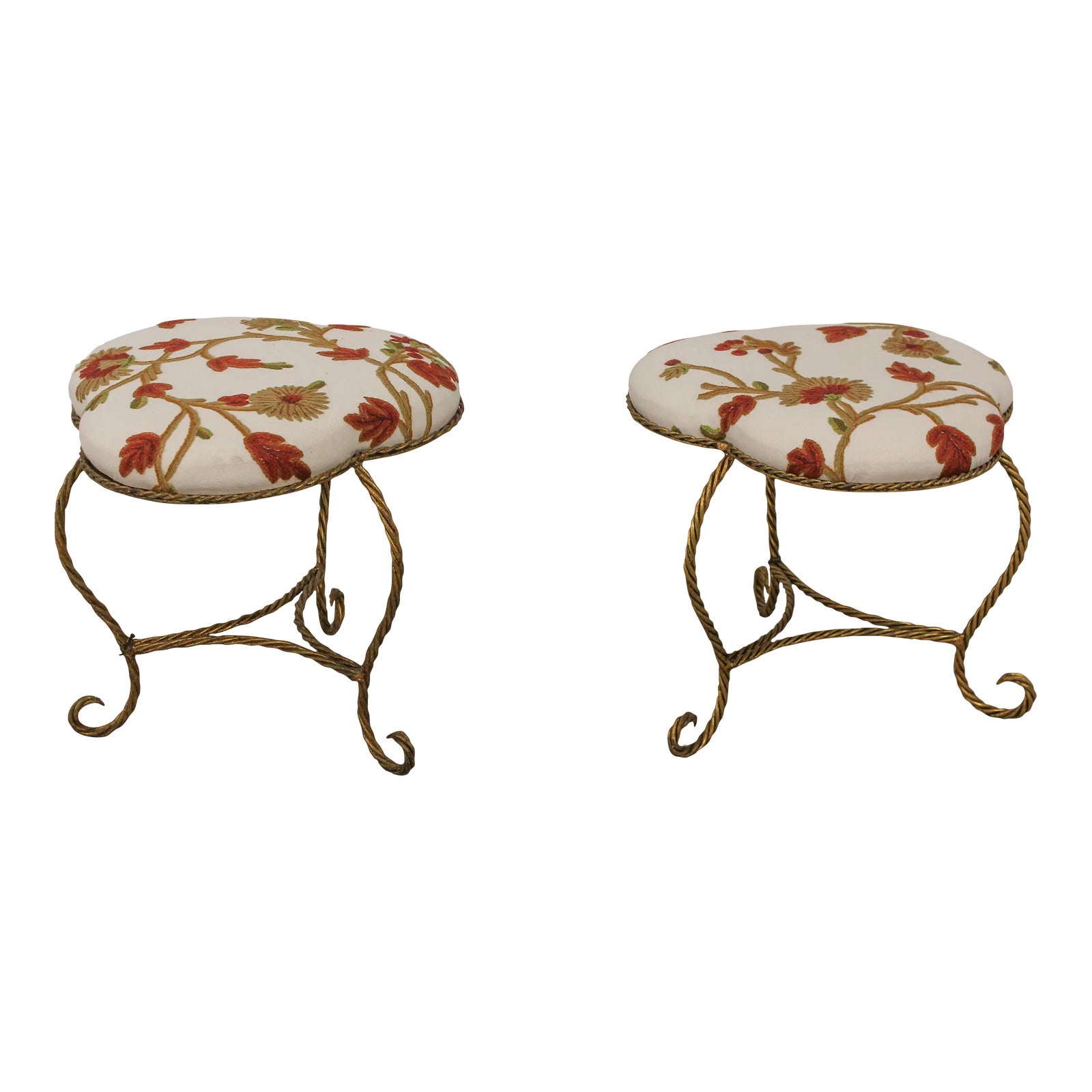 Pair Clover Shape Crewel Work Upholstered Iron Stools | Chairish