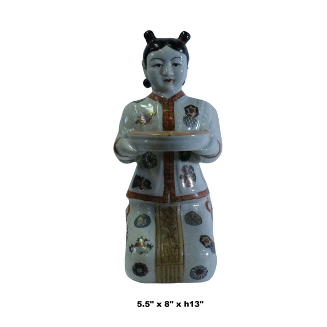 Oriental Vintage Ceramic Kneeling Lady Holding Dish Figure | Chairish
