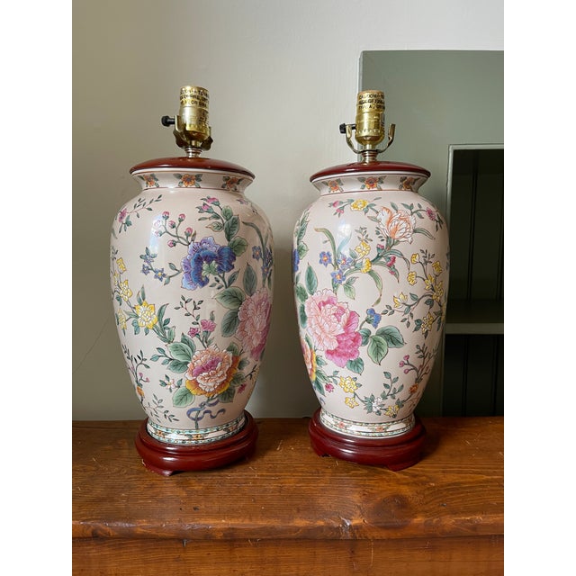 Vintage 1990s Pink Floral Table Lamps - a Pair | Chairish