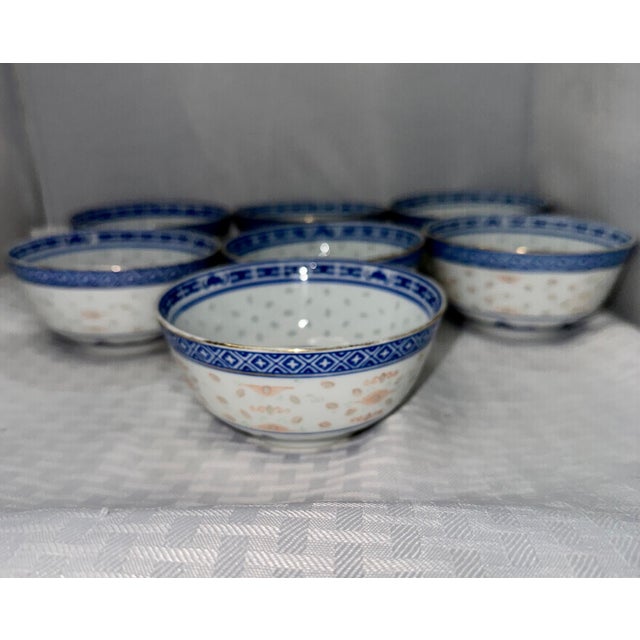 1970s Chinese Porcelain Rice Wear Gold Gilded Rim Rice Soup Bowls - Set ...