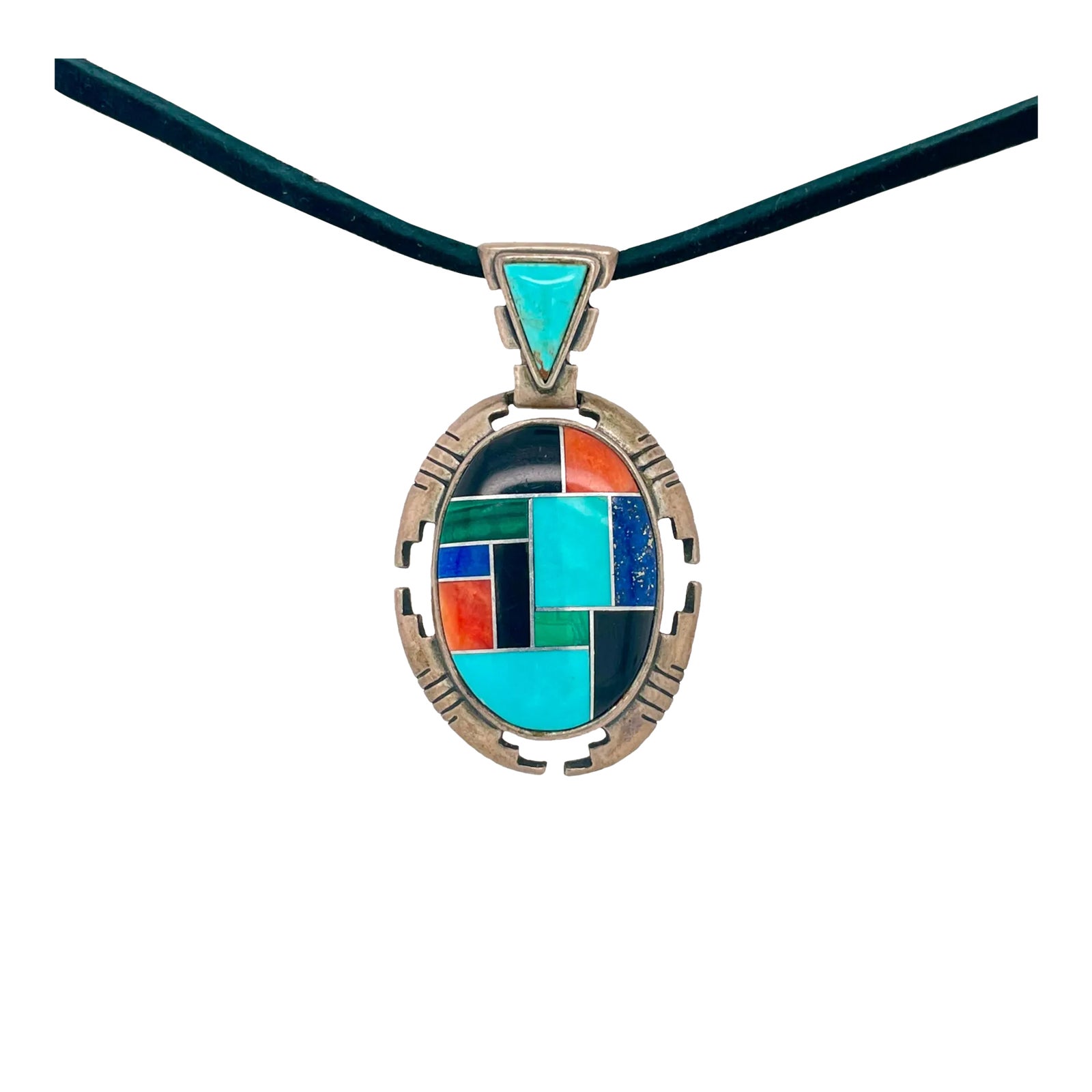 1980s Silver Native American Inlaid Mosaic Stoned Pendant | Chairish