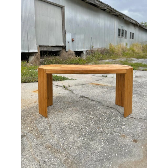 Boho Chic Modern Spilt Reed Console Table With Geometric Motif | Chairish