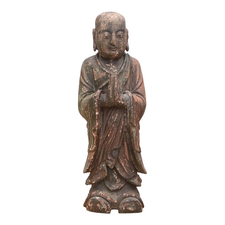 Antique Praying Monk Carved 20" Statue | Chairish