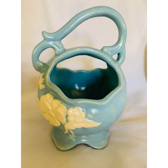 Early 20th Century Sky Blue Weller Pottery Flower Basket | Chairish