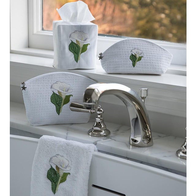 Calla Lily Tissue Box Cover in White Linen & Cotton, Embroidered | Chairish