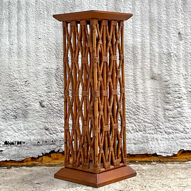Vintage Coastal Trellis Rattan Pedestal | Chairish