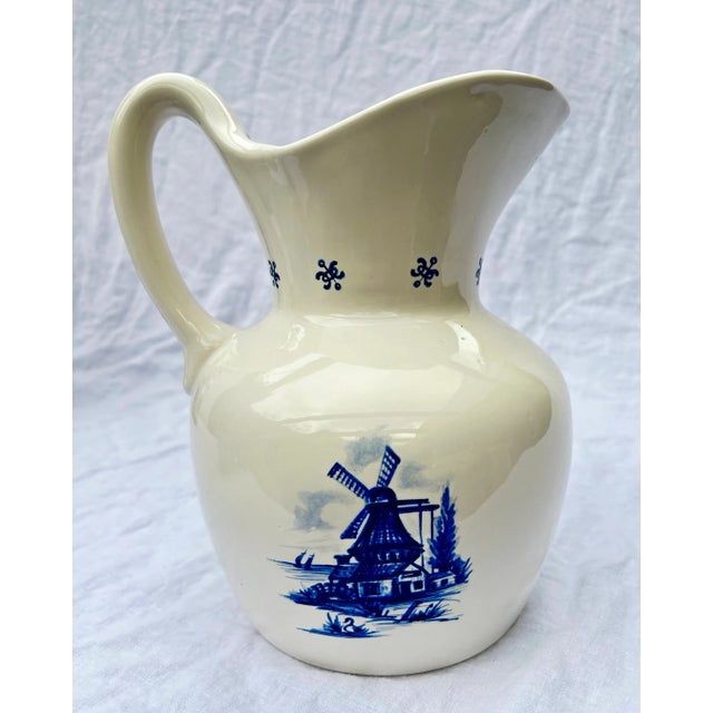 Vintage Delft Style Americana Ceramic Water Pitcher | Chairish