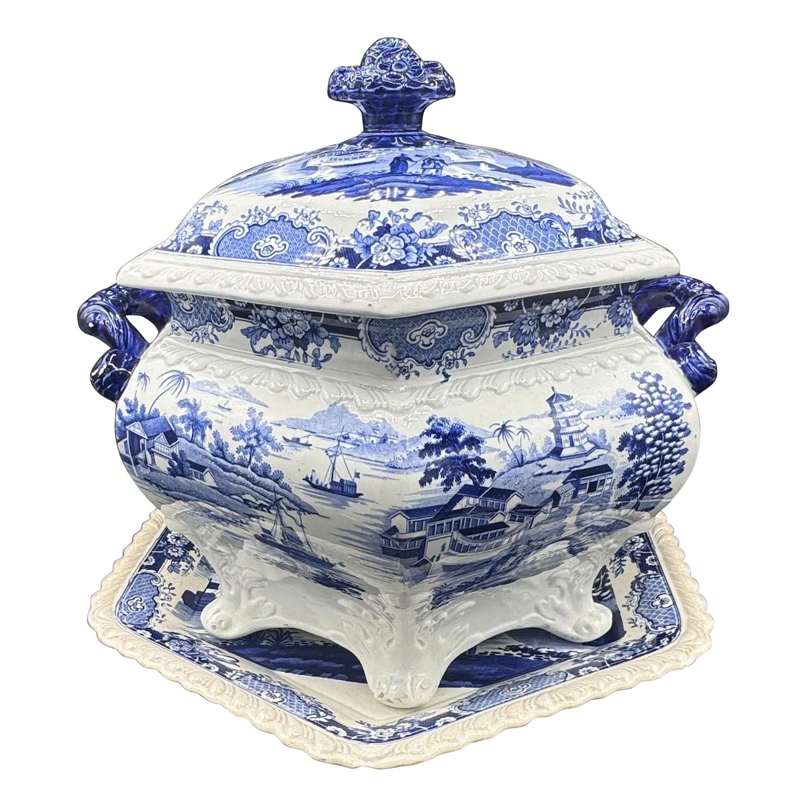 Blue & White Tureen & Platter “India Temple” Pattern | Chairish