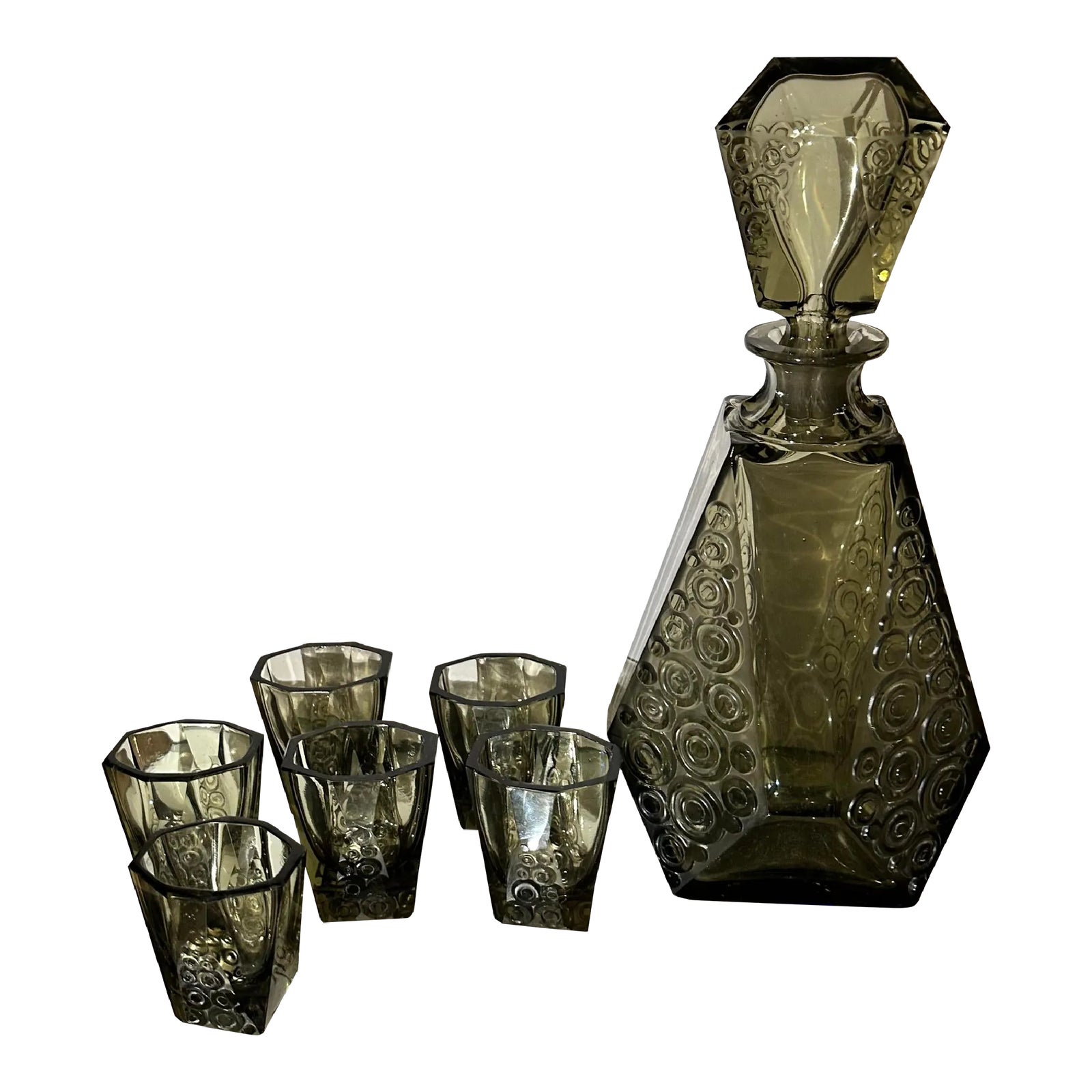 1920s Art Deco Period Moiser Black Crystal Decanter & Cordial Set- 7 ...