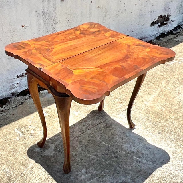 Vintage Patchwork Burl Wood Flip Top Card Table | Chairish