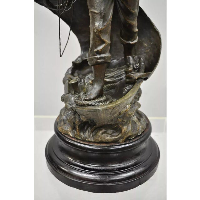 Antique French Spelter Metal Sailor Watchman on Ship Wooden Base, Made ...